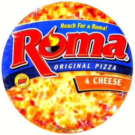 Roma Pizza; Frozen, Easy Baked, Cheese And Meat Topped Crispy Delight!