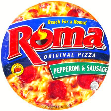 Roma Pizza; Frozen, Easy Baked, Cheese And Meat Topped Crispy Delight!