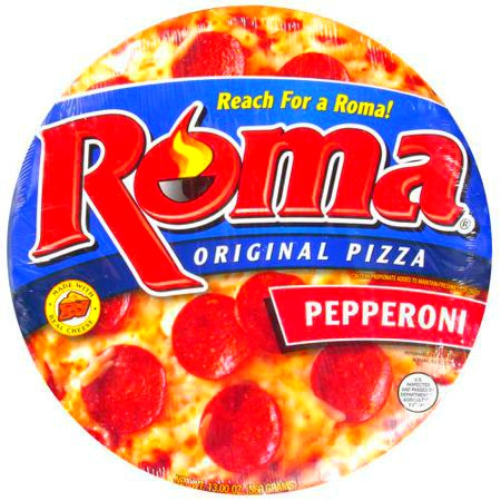 Roma Pizza; Frozen, Easy Baked, Cheese And Meat Topped Crispy Delight!